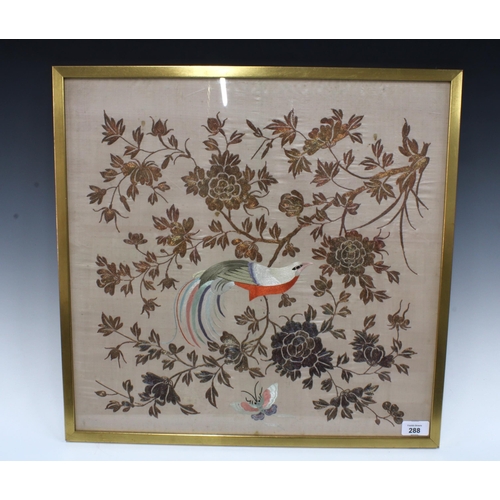 Goldwork embroidery of a bird and butterfly in a tree branch, described ...