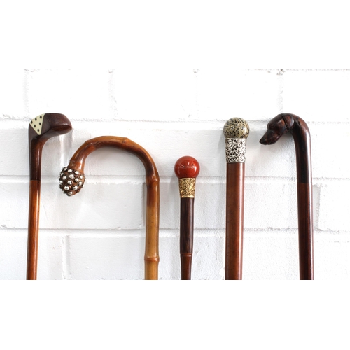 Dog faced walking stick, 92cm, together with a bobble headed walking ...