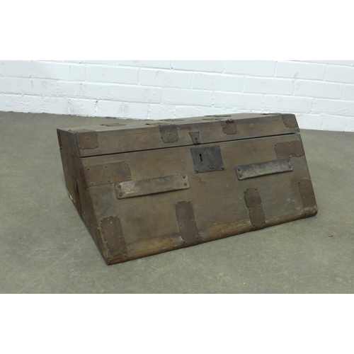 Metal bound storage chest, sloping front, 66 x 25 x 45cm.
