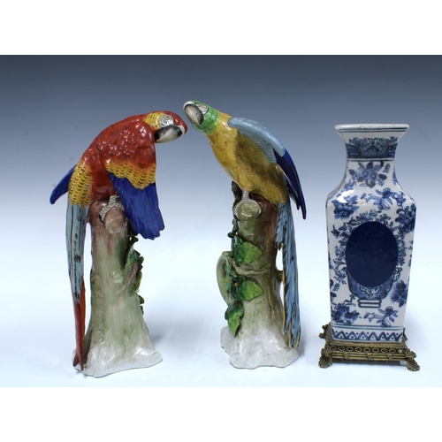 Two Sitzendorf parrots, taller 31cm, together with a blue and white ...
