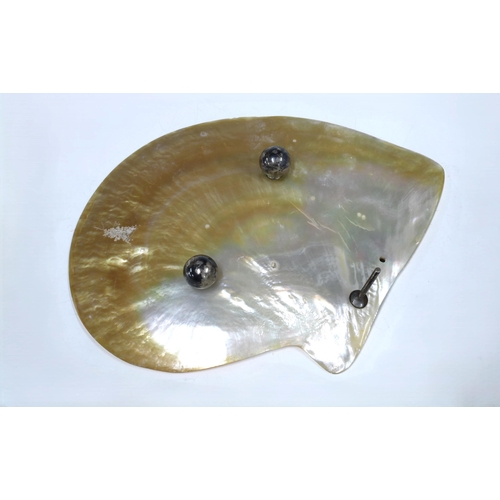 Mother of pearl shell dish, with white metal Chinese characters, 24cm (a/f)