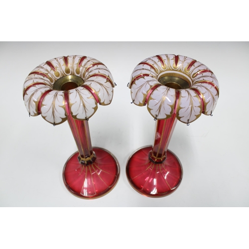 Pair of bohemian red glass table lustres, 27cm, a/f, together with a ...