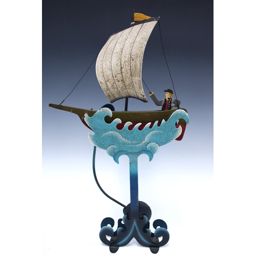 Metal kinetic pendulum rocking boat on stand, 58cm