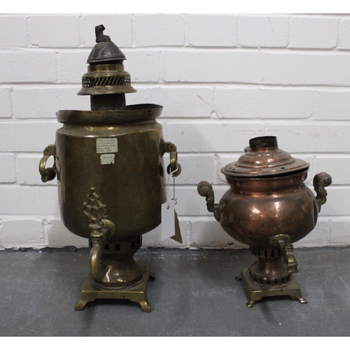 Turkish copper tea samovar and a brass samovar, 50cm, (2)