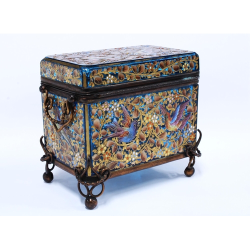 An enamelled blue glass casket painted with birds and foliage, in the ...