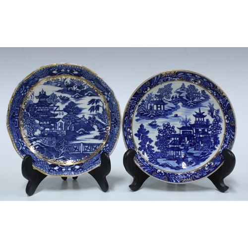 Caughley blue and white Temple pattern coffee cups and saucer, together ...