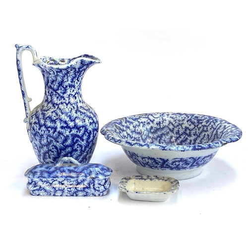 A blue and white wash set, comprising bowl, jug, soap dish, and lidded ...