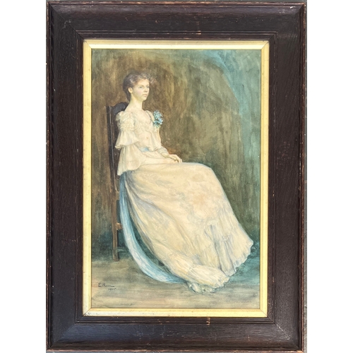 An Edwardian portrait of a seated lady, full length, watercolour of ...