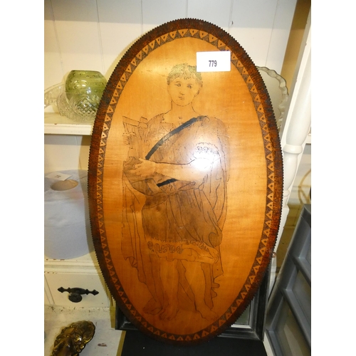 HAND CARVED PYROGRAPHY WOOD PLAQUE DEPICTING A ROMAN GOD