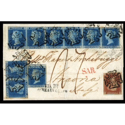 GB: 1842 wrapper to Italy franked by 1841 2d blue (plate 3), strip of ...