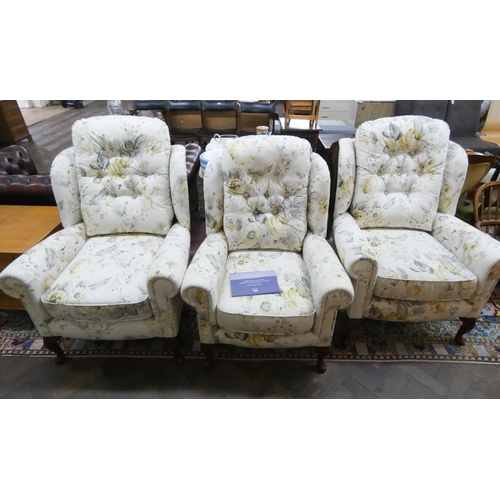 Three matching HSL cream and floral upholstered easy chairs with button ...