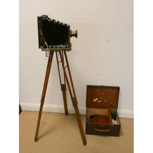 An Edwardian plate camera on mahogany tripod, lens signed Perken Son ...