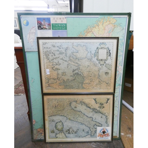 A collection of assorted pub style wall mirrors and three framed maps ...