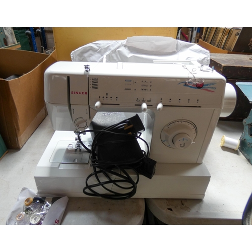 A modern Singer electric sewing machine and a New Home electric sewing ...