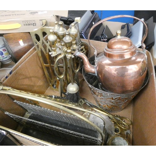 A brass companion set, a brass magazine rack, copper kettle, brass ...