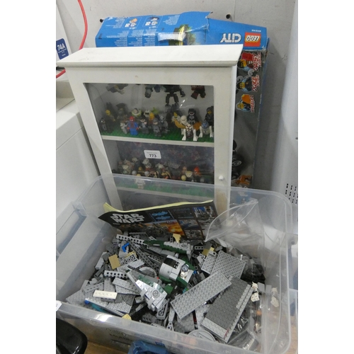 A box of Lego, cabinet of Lego mini figures etc