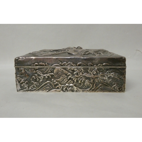 Chinese silver dragon decorated cigarette box. Chinese hallmark.