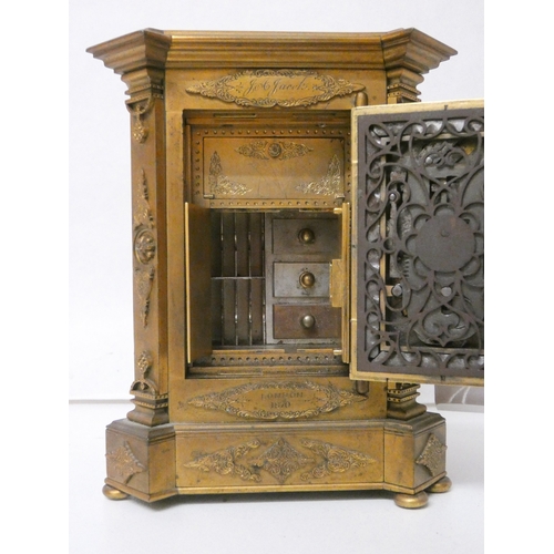 Victorian Exhibition piece - miniature gilt brass safe, in engraved and ...