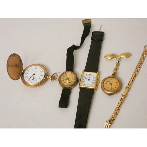 A gold plated fob watch and two further gold plated watches, watch ...