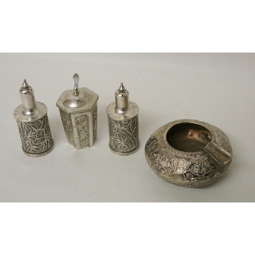 Chinese silver cruet set and a white metal ashtray. 4.8 troy oz