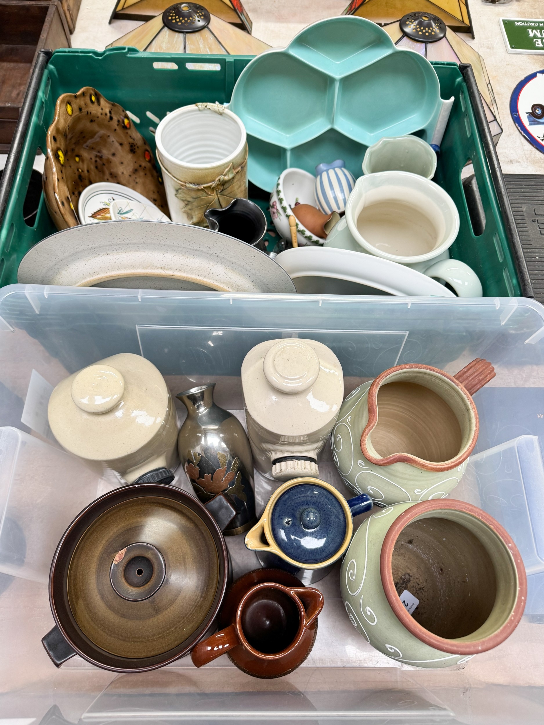 Two stoneware water bottles together with a Poole Pottery twintone dish ...