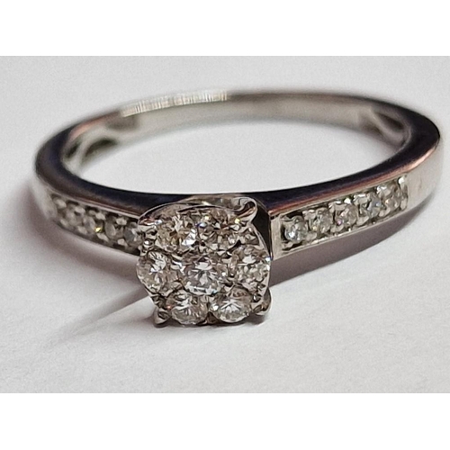 9ct White Gold & Diamond Ring; Inclusion Set Cluster of 7 x Round Cut ...
