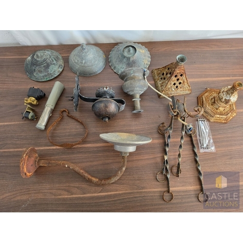 Mixed lot of antique and vintage lighting and metal decorative parts ...