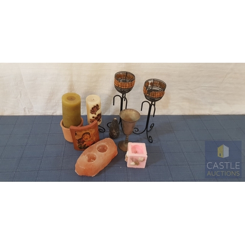 Various Used Candles & Holders, A Metal Goblet & An Icon.