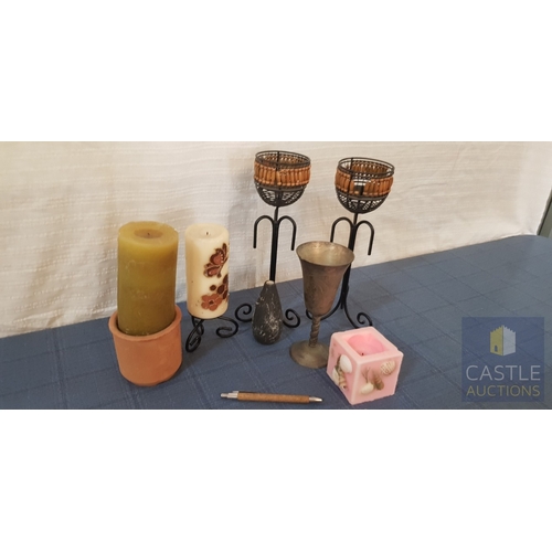 Various Used Candles & Holders, A Metal Goblet & An Icon.