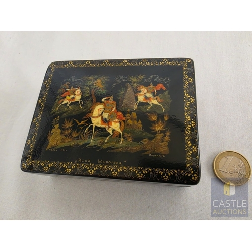 Russian Palekh lacquer box, dated 1999, hand-painted in tempera and ...