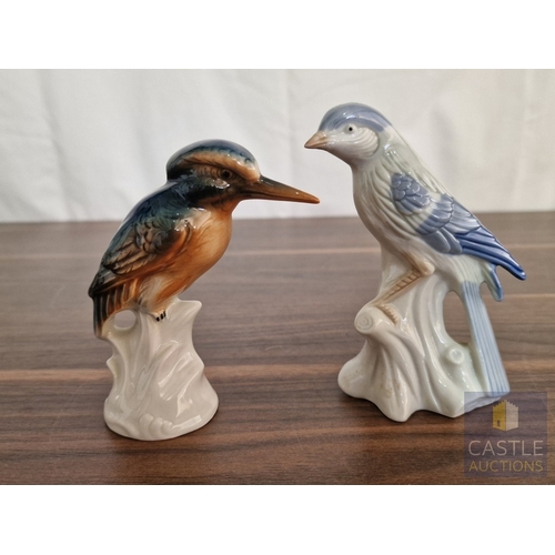 2 x Porcelain Bird Figurines; Kingfisher Perched on Tree Stump, with ...