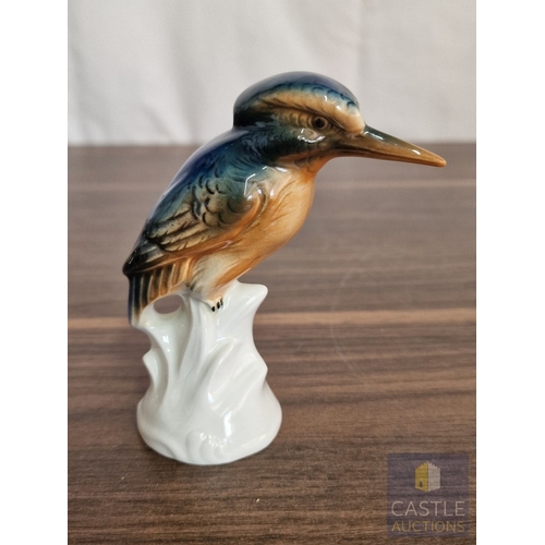 2 x Porcelain Bird Figurines; Kingfisher Perched on Tree Stump, with ...