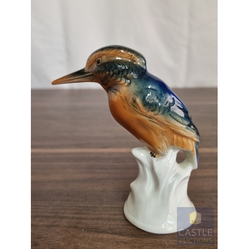 2 x Porcelain Bird Figurines; Kingfisher Perched on Tree Stump, with ...