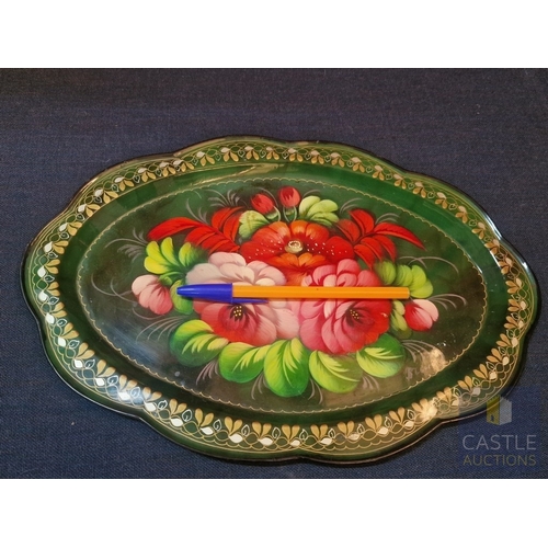 Russian Folk- Art, Hand- Painted Lacquered, Floral Pattern Metal Tray ...