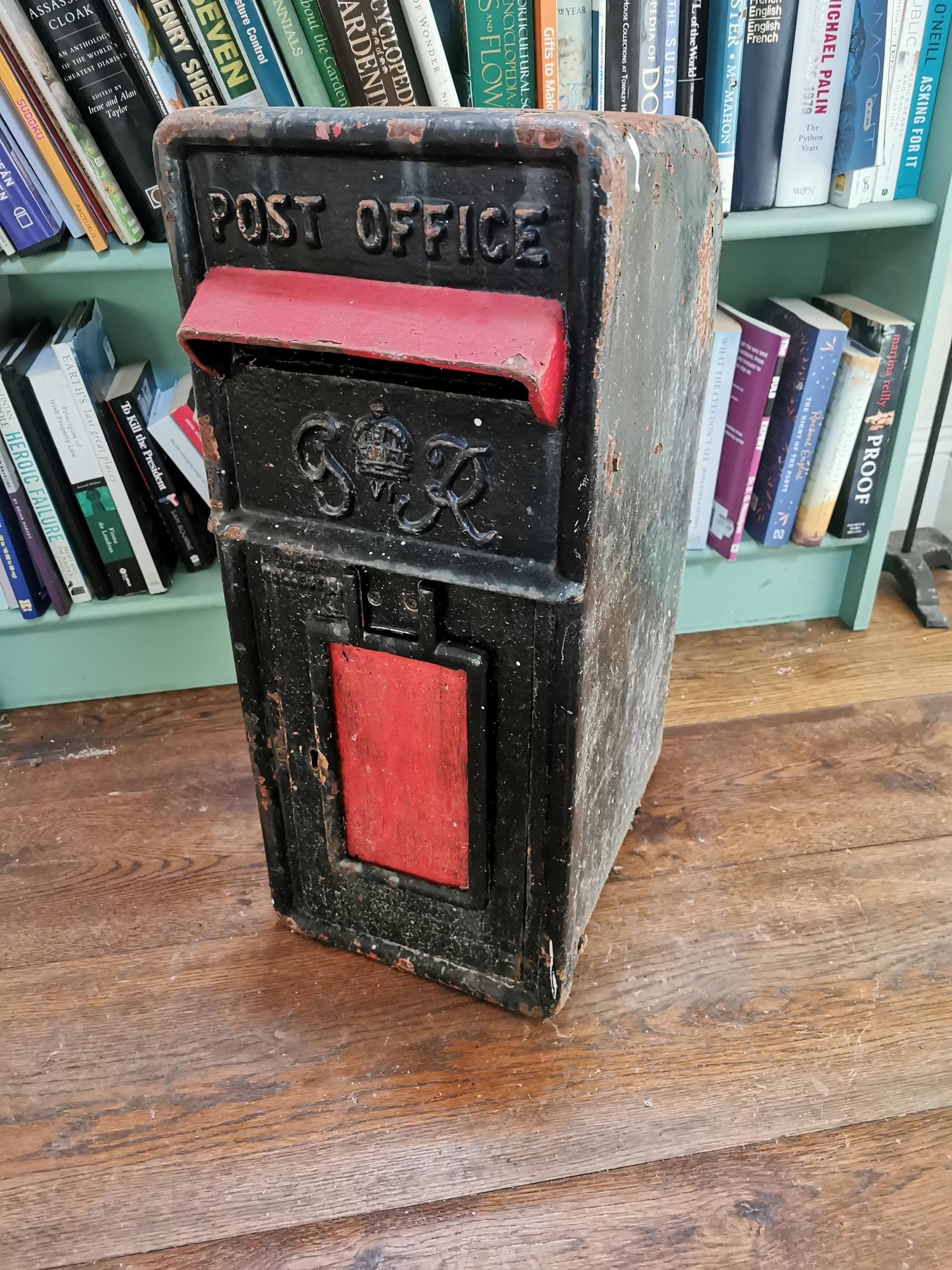 Cast iron E R post box { 61cm H X 26cm W X 36cm D } { no key }.