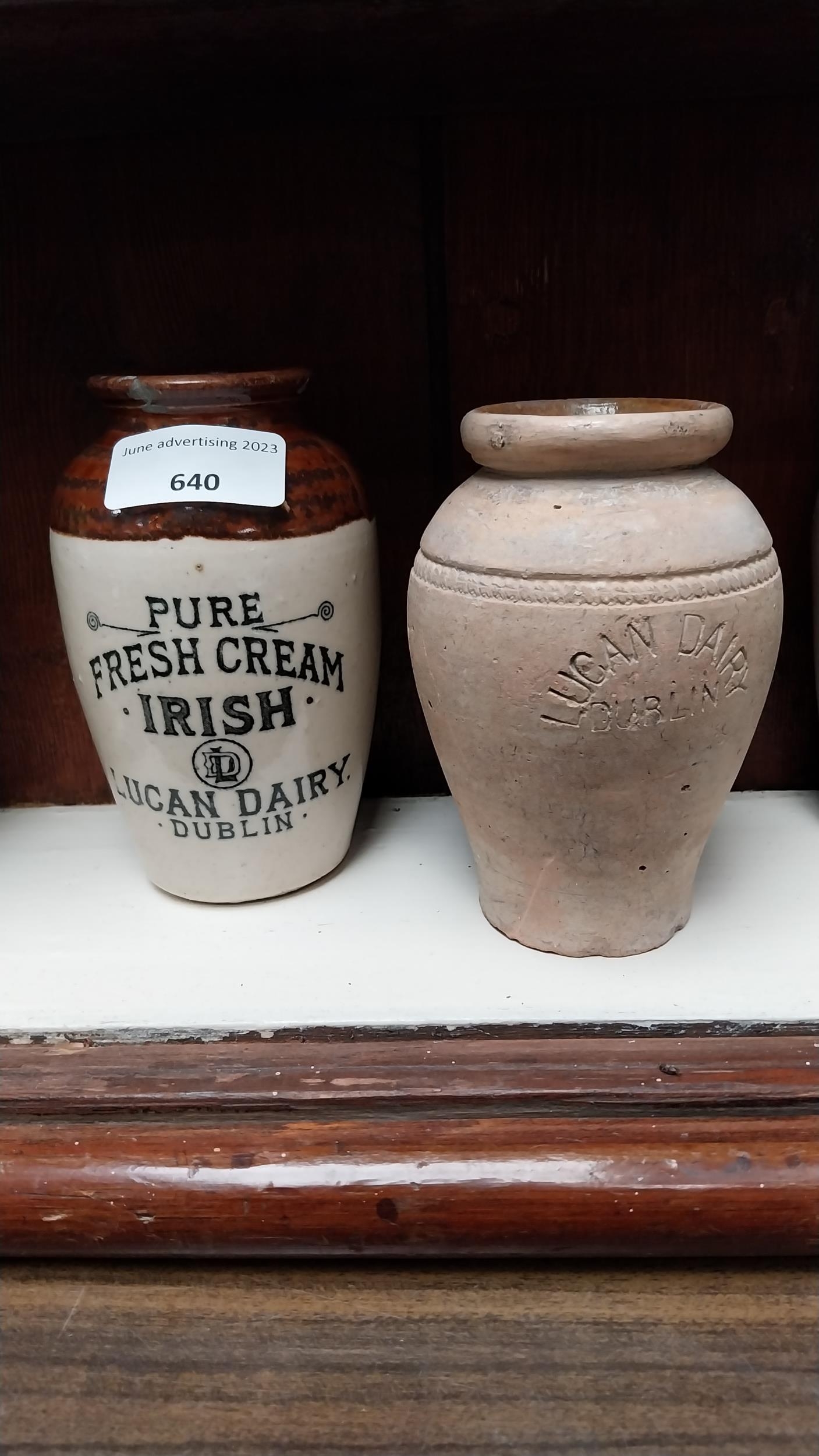 Two 19th C. ceramic cream pots - Lucan Dairy Dublin. {14 cm H x 7 cm Dia.}.