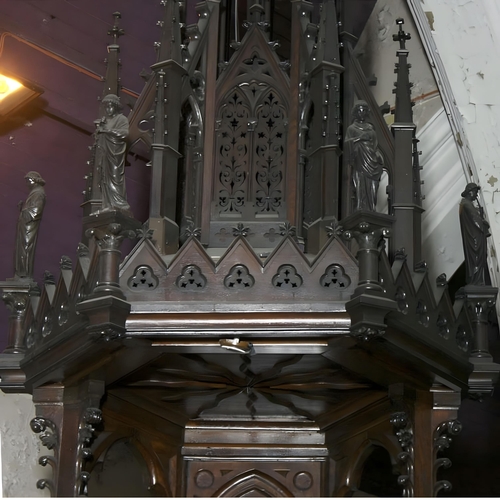 19th C neo gothic tall carved oak pulpit. Featuring slender ...
