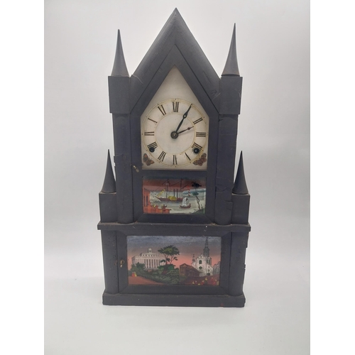 19th C. stained pine steeple clock with painted boating scene.