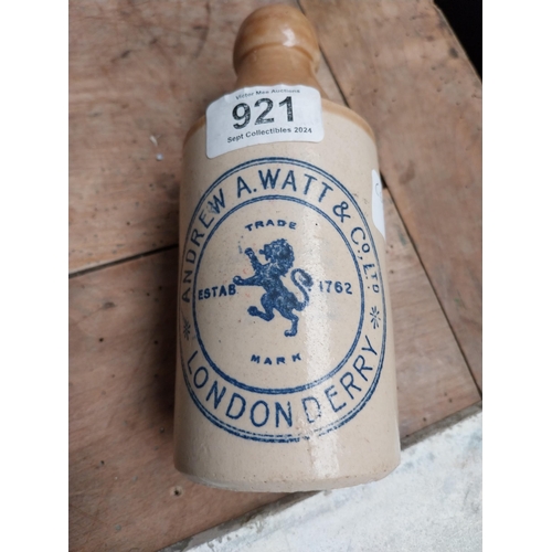 Andrew A Watt and Co Londonderry stoneware ginger beer bottle. {17 cm H ...