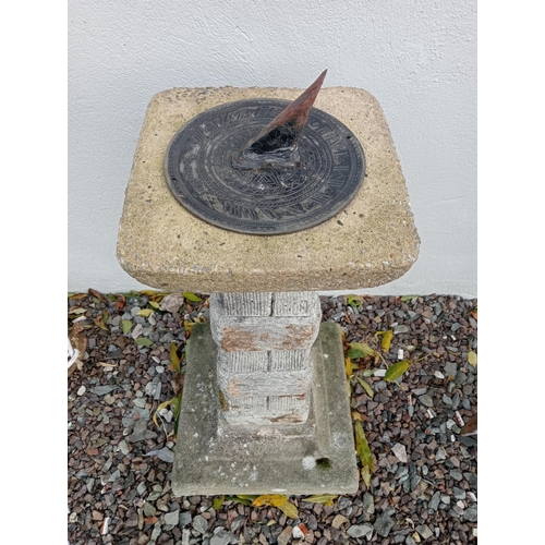 Composition stone sundial cast iron sundial plaque {H 76cm x 34cm x 34cm }.