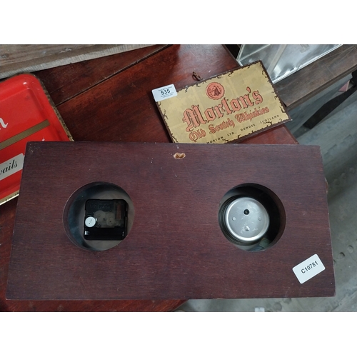 Carlsberg brass clock and barometer mounted on mahogany plaque. {40 cm ...