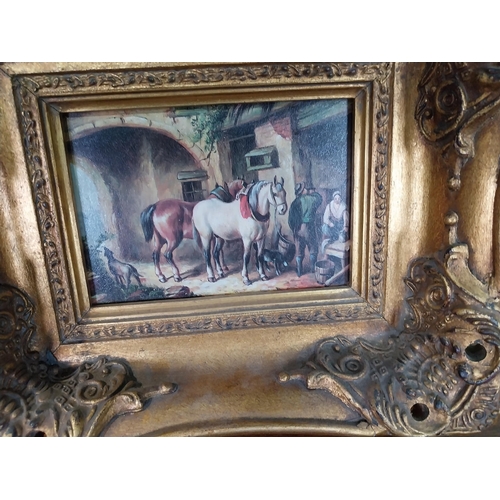 Oleograph Stable Scene mounted in giltwood frame. {29 cm H x 32 cm W}.