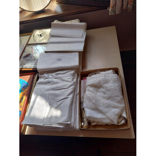 Two large Damask linen tablecloths, two small Damask linen table cloths ...