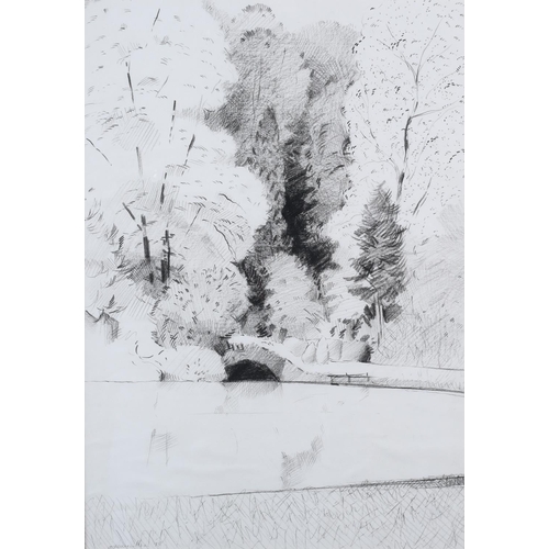 ARR Graeme Willson (1951-2018), Parkland lake and trees, charcoal ...