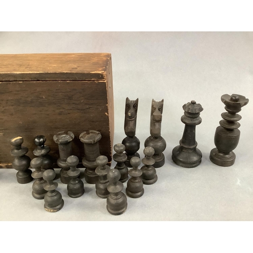 A complete set of 32 Pre Staunton wooden chess pieces in a wooden box