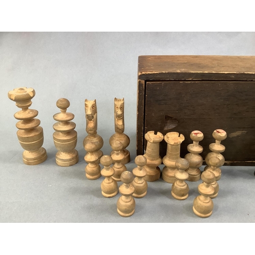 A complete set of 32 Pre Staunton wooden chess pieces in a wooden box