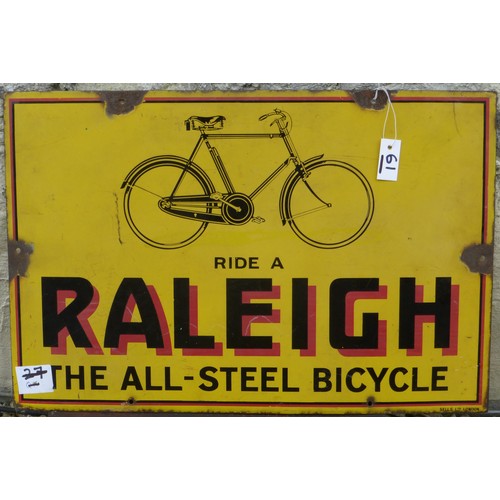 Raleigh a three-coloured pictorial enamel sign. 16 x 24 inches Please ...