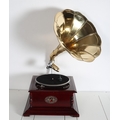 A SOUNDMASTER GRAMOPHONE with stained beechwood case and brass horn ...