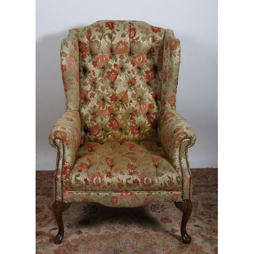 A QUEEN ANNE DESIGN MAHOGANY AND BROCADE UPHOLSTERED WING CHAIR with ...
