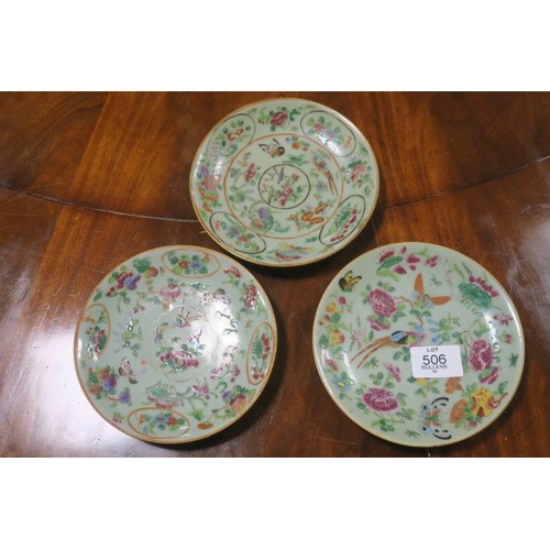 THREE FAMILLE ROSE PLATES each of circular outline the light green ...
